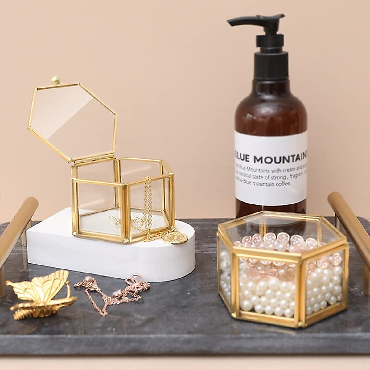 BEAUTY ONE HOME Small Glass Jewelry Box Golden Geometric Decorative Box Ring Earring Display Hexagon Keepsake Box for Wedding Birthday Gift