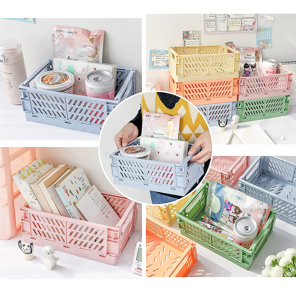 4-Pack Baskets Plastic for Shelf Home Kitchen Storage Bin Organizer, Stacking Folding Storage Baskets for Bedroom Bathroom Office- 9.8 x 6.5 x 3.8…