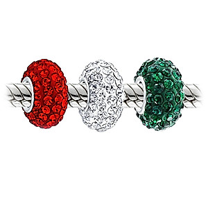 Bling Jewelry Christmas Holiday Solid Color Sparkle Red White Green Crystal Mix Bundle Set Of Three .925 Sterling Silver Charm Bead Fits European Charm Bracelet For Women Teens