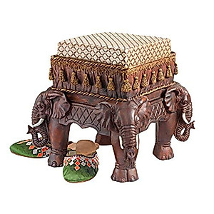 Design Toscano Maharajah Elephants Indian Decor Upholstered Footstool, 13 Inches Wide, 13 Inches Deep, 13 Inches High, Handcast Polyresin, Wood Tone Finish