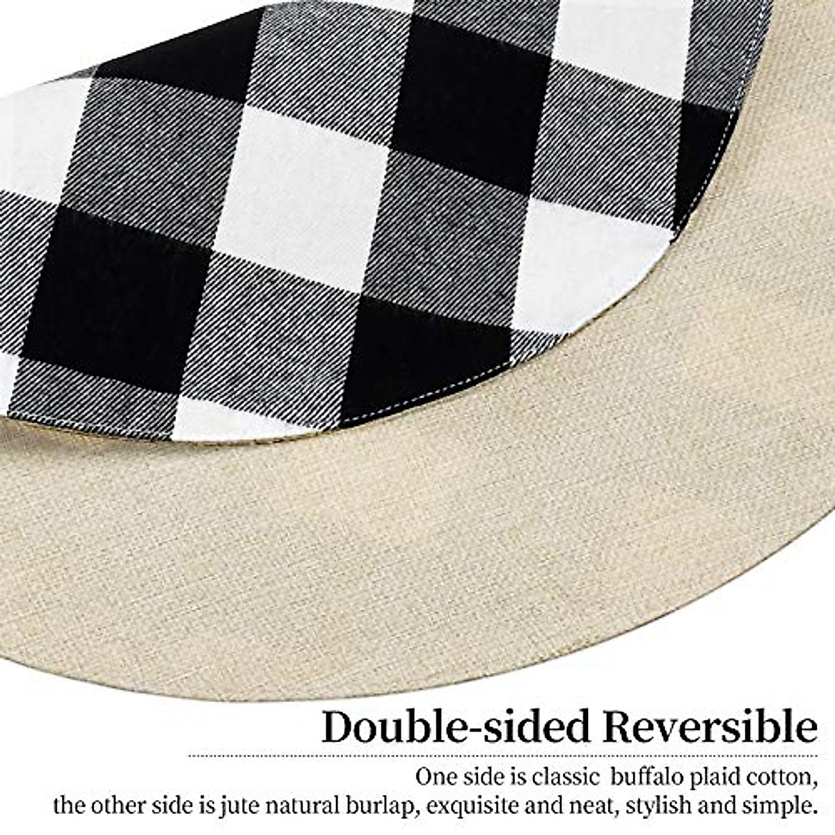 Senneny Round Placemats Set of 6 - Black and White Buffalo Plaid Placemats - Reversible Cotton and Burlap Placemats for Round Tables - Farmhouse Placemats for Dining Table