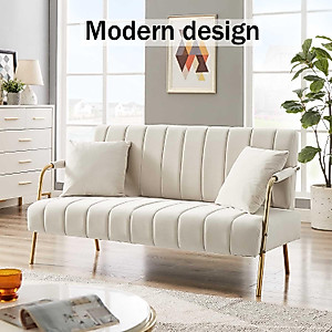 RIDFY Modern Upholstered Velvet Loveseat Sofa with 2 Pillows/Gold Metal Legs, 2 Seater Futon Sofa Couch, Cashmere Fabric Accent Mini Sofa, Living Seat for Small Spaces/Bedroom(Beige)