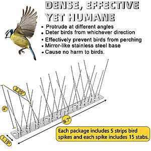 REMIAWY Bird Spikes for Pigeons Small Birds, Bird Deterrent Spikes for Outside to Keep Birds Squirrel Cat Away, Stainless Steel Anti Bird Repellent Spikes 5 Strips 4 Feet