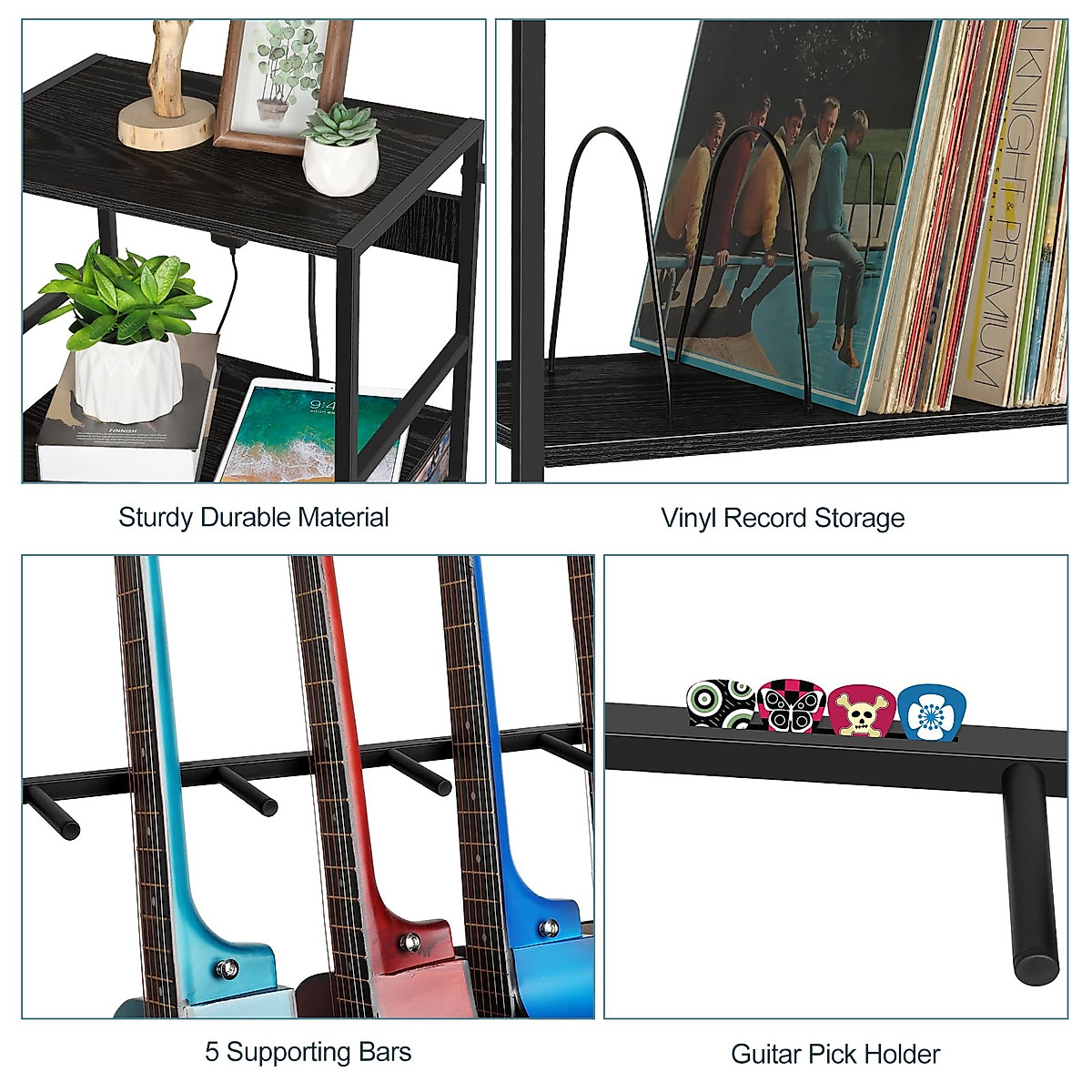 OYEAL Acoustic Guitar Stand, 5 Electric Bass Guitar Stand Floor with Record Storage, Multiple Guitar Rack Hoder with Charging Station for Acoustic, Electric, Bass, Ukulele, Guitar Accessories, Black