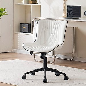 YOUNIKE Office Chair, Armless Desk Chair with Wheels, Home Office Computer Task Chairs, Modern Faux Leather Upholstered Vanity Chair, Adjustable Swivel Rocking Office Chair with Back, White