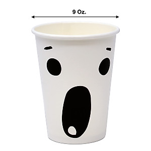 Gift Boutique 50 Halloween Ghost Disposable 9 oz. White Ghosts Face Paper Party Cup Holiday Spooky Trick or Treat Design for Beverage Drinks Drinking Cup Dinner Haunted House Supply Dinnerware Decors