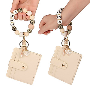 Guran Wristlet Wallet Bracelet Keychain,Card Holder Purse Tassel Keychain Bangle Key Ring for Women (Leopard & White)