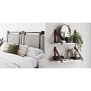 Nathan James Harlow Wall Mount Headboard, King, Gray & Brandon Wall Mount Modern White Marble Floating Shelf for Wall with Vintage Brown Leather Strap, Set of 2, Marble/Brown