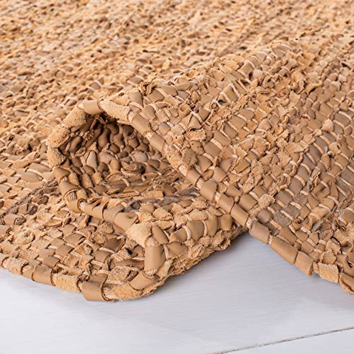 SAFAVIEH Vintage Leather Collection Area Rug - 8' x 10', Light Gold, Handmade Boho Fringe Leather, Ideal for High Traffic Areas in Living Room, Bedroom (VTL501D)