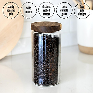 Mason & Fable Ribbed Glass Jars with Wooden Lid 27 fl oz- Set of 3 | Airtight Fluted Storage Container for Pasta, Coffee, Candy, Dog Treats, Snacks | Glass Organization Canisters for Home & Kitchen
