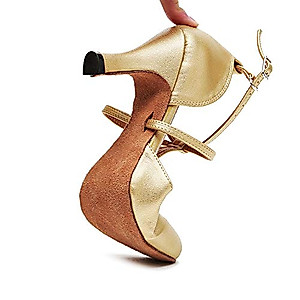 HROYL Character Dance Shoes for Women T-Strap Modern Latin Salsa Tango Shoes Ballroom Dance Heels,YCL272-Gold-8.5,US6.5