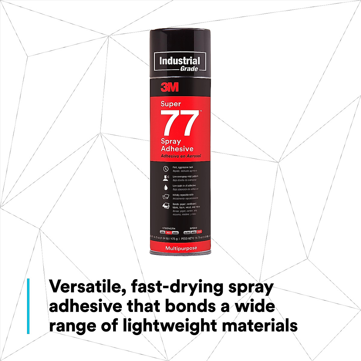 3M Super 77 Multipurpose Permanent Spray Adhesive Glue, Paper, Cardboard, Fabric, Plastic, Metal, Wood, Net Wt 16.75 oz, Clear, (77-24)