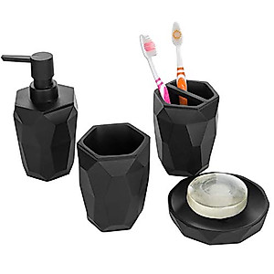 MyGift 4 Piece Modern Black Resin Bathroom Accessories Set with Geometric Design Includes Lotion Pump Bottle, Toothbrush Holder, Tumbler and Soap Dish