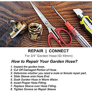 PLG Solid Brass 3/4 Inch Garden Hose Repair Kit Male and Female Hose End Repair Water Hose Fittings Connector with Stainless Steel Clamp