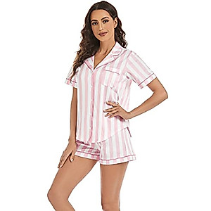 LUBOT 100% Cotton Women's Pajamas Set Short Sleeve Button-Down Shirt PJ Two-piece Set Printed Patterned Summer Night Suit Sleepwear Loungewear (Stripe, M)