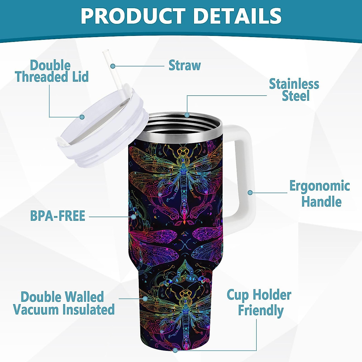 Emelivor Boho Dragonflies 40 oz Tumbler with Lid and Straw Insulated Tumblers with Handle Thermal Stainless Travel Coffee Mug Cup Water Bottle Fits in Car Cup Holder
