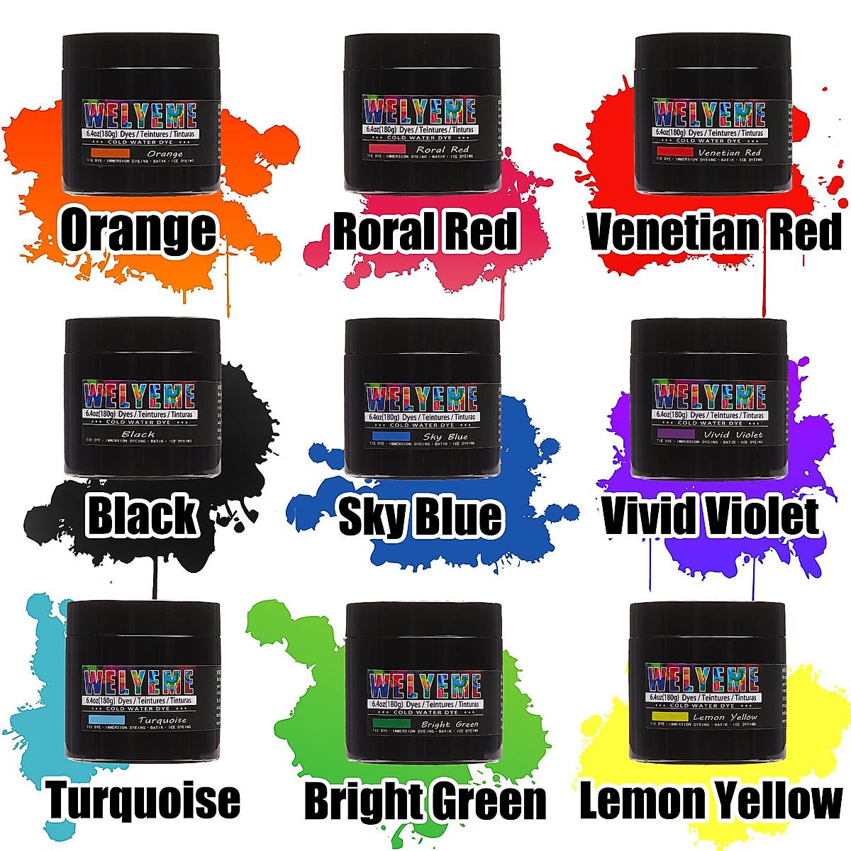 WELYEME Tie Dye Powder Bulk, Fabric Dye Powder 9 Pack, Cold Water Dye Set for Clothes, Tie-Dye Powder Kit