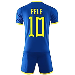 ELTONYA Brazil Pe’lee Jersey+Soccer Shorts for Boy Kids World Cup HOM/Awy Football Jersey Kit Youth Sports Team Shirt Uniform Blue