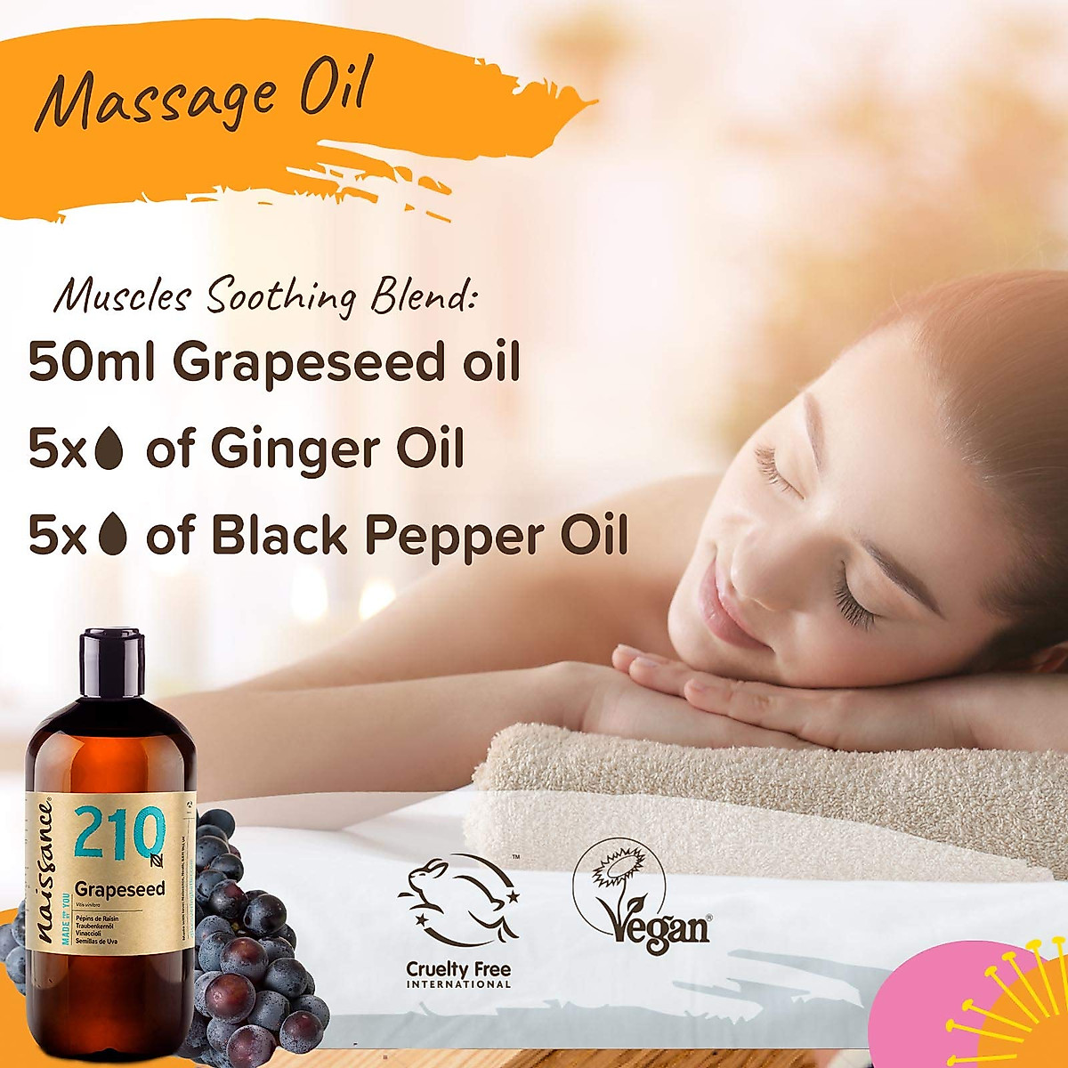 naissance Grapeseed Oil 16 fl oz Pure & Natural, Vegan, Hexane Free, Non GMO - Ideal for Aromatherapy and as a Massage Base Oil - Natural Moisturizer and Conditioner for Hair & Skin