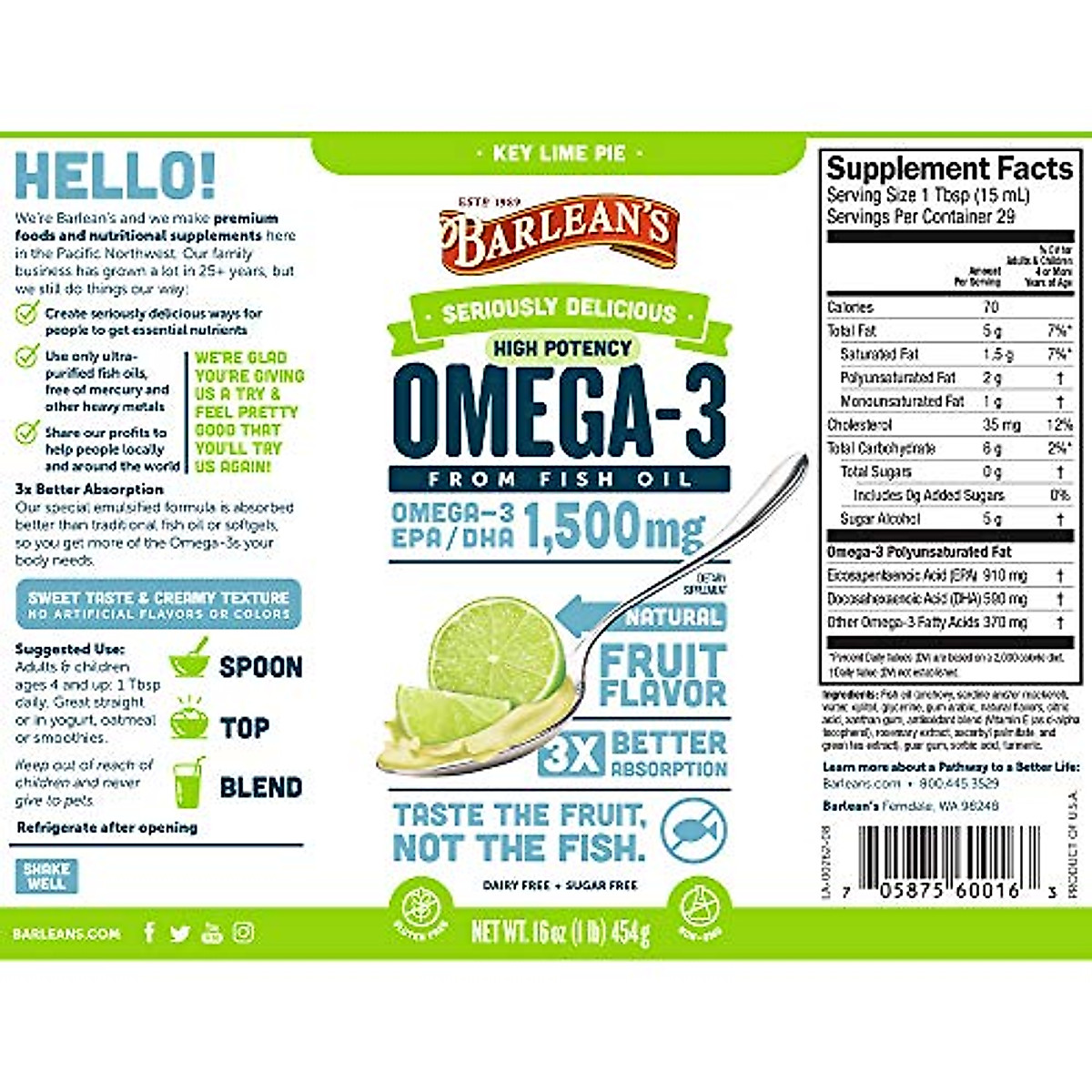 Barlean's Key Lime Pie High Potency Omega 3 Fish Oil Supplements - 1500mg of Omega 3 EPA/DHA for Brain, Heart, Joint, & Immune Health - All Natural Fruit Flavor, Non GMO, Gluten Free - 16-Ounce