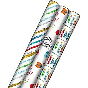 Hallmark Recycled Wrapping Paper with Cutlines on Reverse (3 Rolls: 60 Sq. Ft. Ttl) Red, Blue, Green, Gold Stripes, Candles, Happy Birthday" for Kids and Adults