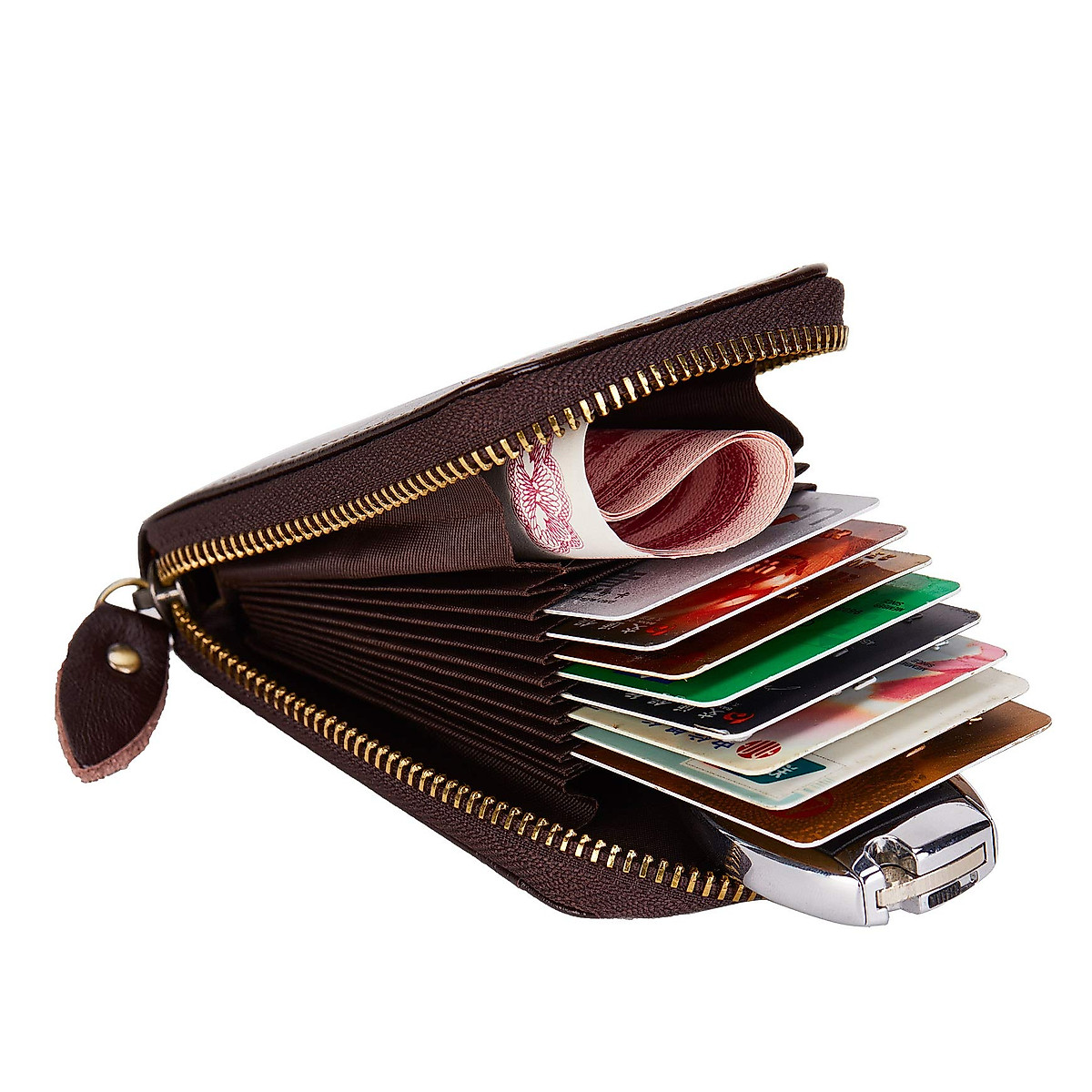 BRASS TACKS Leathercraft Vintage Full Top Grain Leather Wallet RFID Blocking Multi Card Case with Zipper Pocket Card Holder for Men Women Gift Box