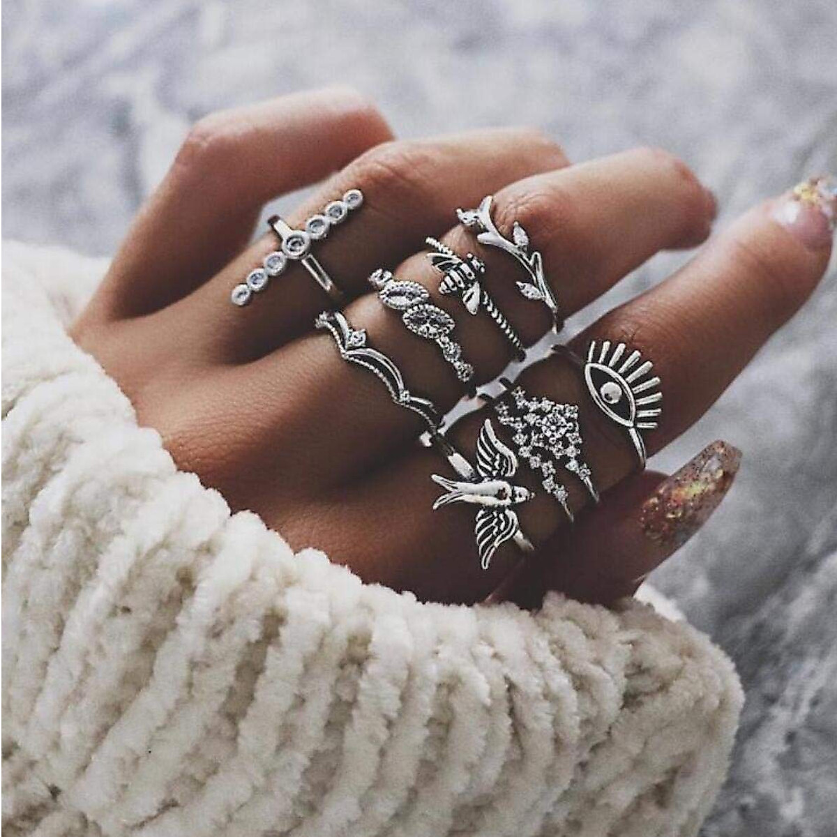 Bird Bee Crown with Diamond Branches and Diamonds Devil's Eyes Rings