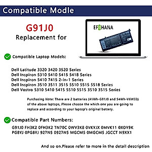 EFOHANA G91J0 41Wh Laptop Battery Replacement for Dell Latitude 3320 3330 3420 3520 Inspiron 3510 3511 3515 5310 5410 5418 5510 5515 5518 14 Plus 7420 7415 2-in-1 Vostro 5620 5625 V6W33 TN70C