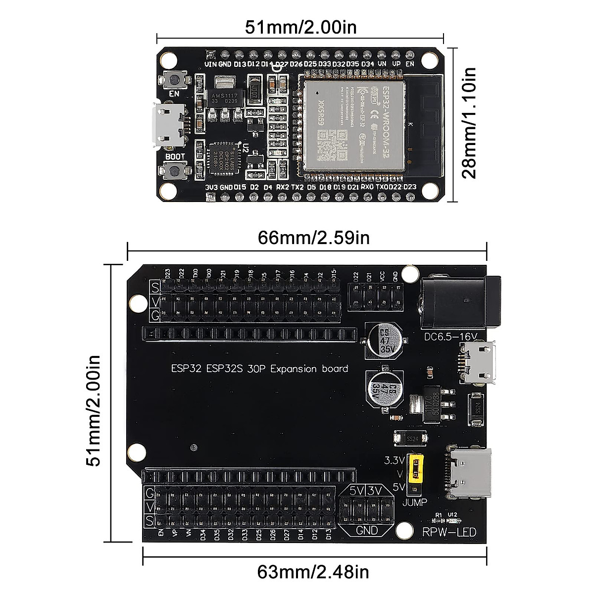 2 Sets ESP-WROOM-32 ESP32 ESP-32S Development Board CP2102 WiFi+Bluetooth Ultra-Low Power Dual Core ESP32-DevKitC-32 ESP-WROOM-32 with Expansion Board for Arduino IDE