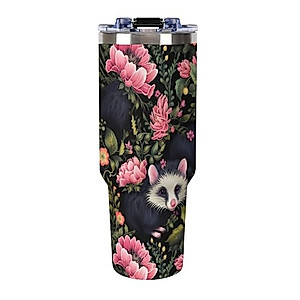 Cute Possum Flowers 40 Oz Stainless Steel Cup Travel Tumbler with Handle and Straw Lightweight Coffee Mug for Home Office