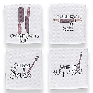 Aller Home & Kitchen Funny Kitchen Towels with Sayings. 4pc Kitchen Towel Set, Fun Pun Gadget Design - Waffle Weave Towel, Decorative Funny Dish Towels for Mom. Cute Kitchen Towels for Gifts