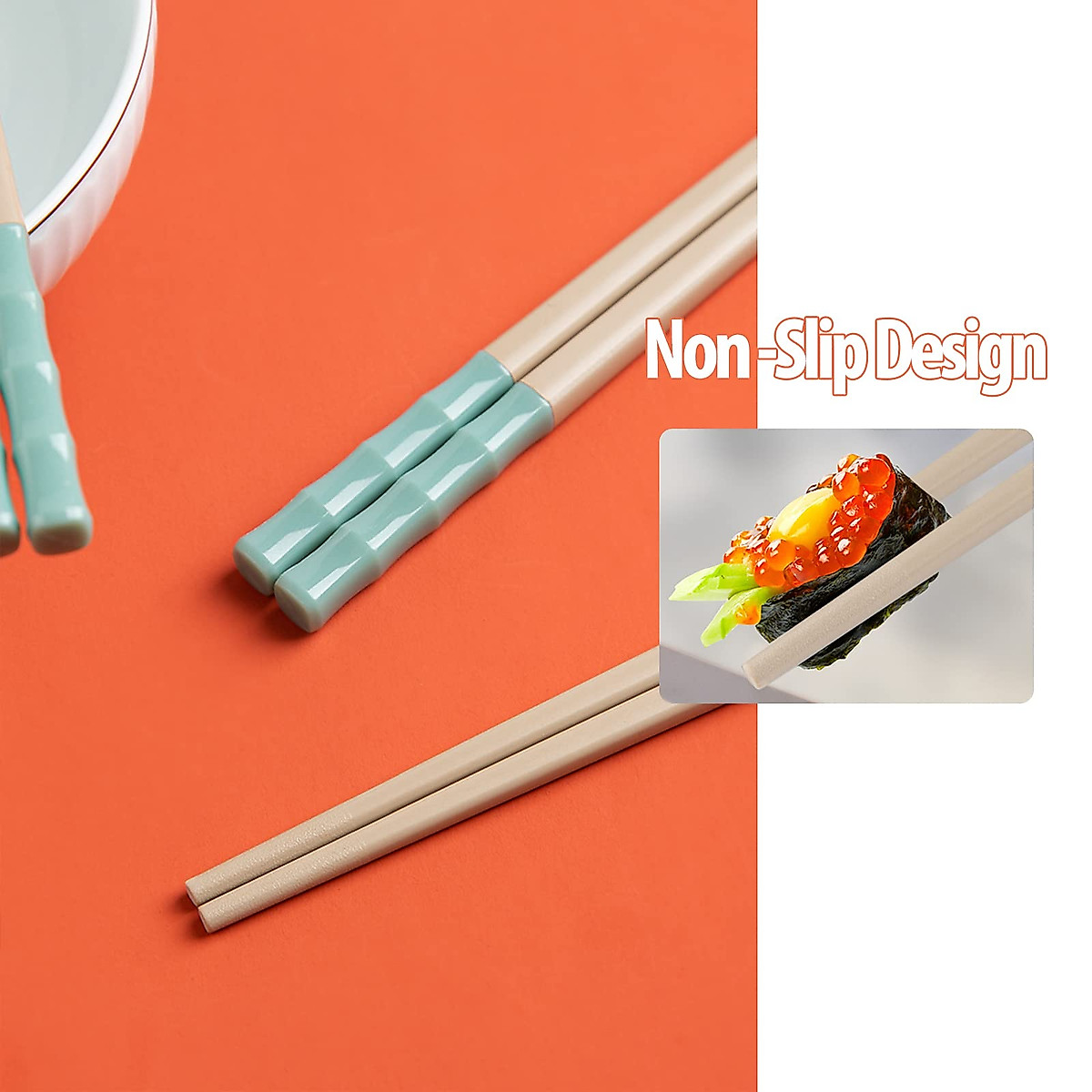 5 Pairs Family Reusable Chopsticks Dishwasher Safe, 9.6 inch/24.3cm Non-Slip Hotel/ Restaurant Japanese Chop Sticks, Chinese ChopStick Gift Set, Blue&Yellow
