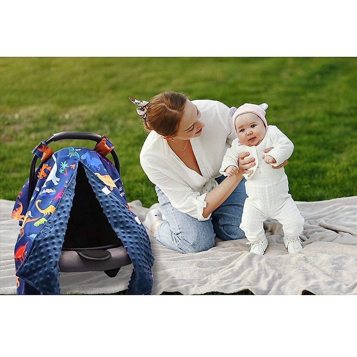 Dinosaur Baby Car Seat Canopy and Nursing Pillow Cover 2 Pack Set for Boys and Girls