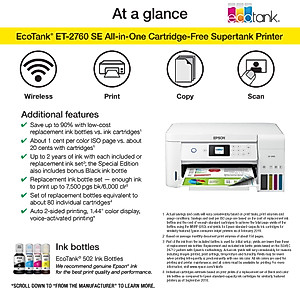 Epson EcoTank ET 2760 Wireless Color Inkjet Cartridge-Free All-in-One Supertank Printer, Mobile Print, Copy Scan, Auto 2-Sided Printing, Voice Activated, with Bonus Black Ink