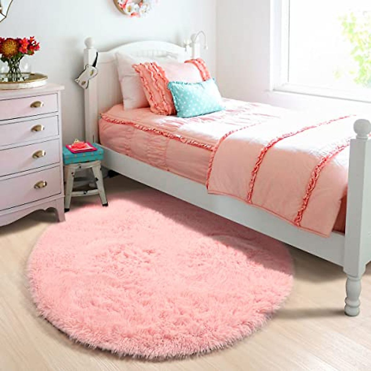 ONASAR Pink Round Area Rug 4ft, Soft Bedroom Circle Rugs Floor Mats for Kids Girls Teen Room, Cute Fluffy Plush Shaggy Carpet for Baby Nursery Living Room Playroom Home Decor Princess Castle
