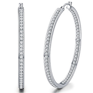 weinuo 2 Inch Stunning Stainless Steel White Cubic Zirconia Hoop Earring for Women Hypoallergenic Jewelry for Sensitive Ears Large Big Hoop Earrings 50MM