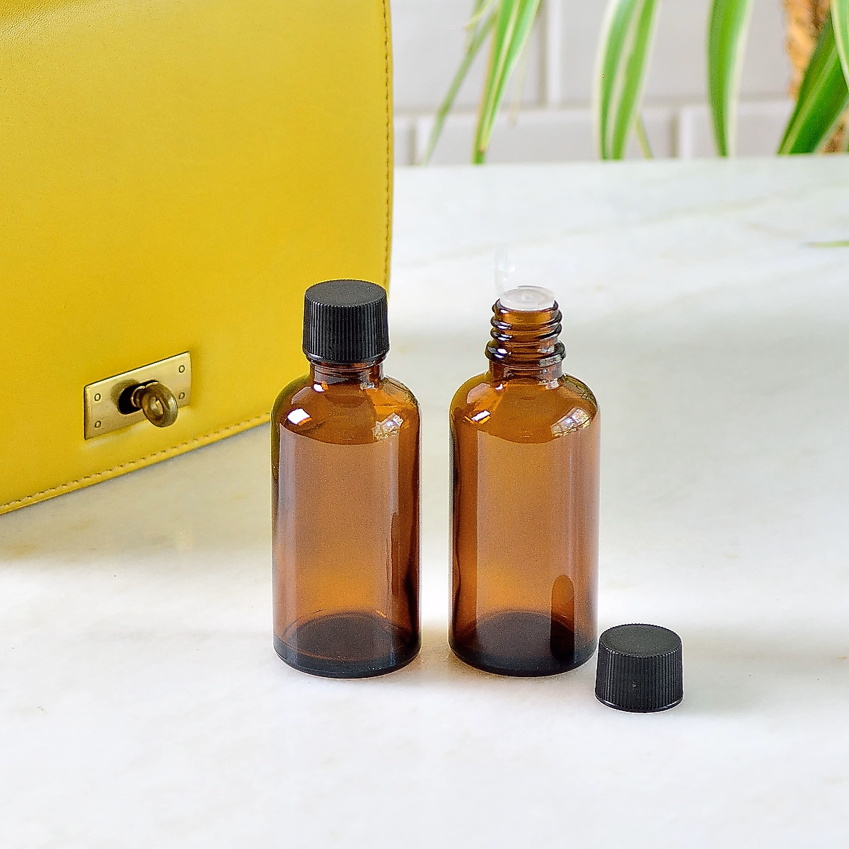 Youngever Essential Oils Bottles, 16 Pack 2 Ounce Amber Glass Vials Bottles with Orifice Reducers and Black Caps