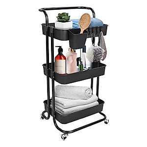 Rolling Metal Cart Kitchen Vegetable Fruits Rack Stand Movable Multi-Purpose Storage Shelf Trolley 3-Tier Utility Cart with Wheels (Black)