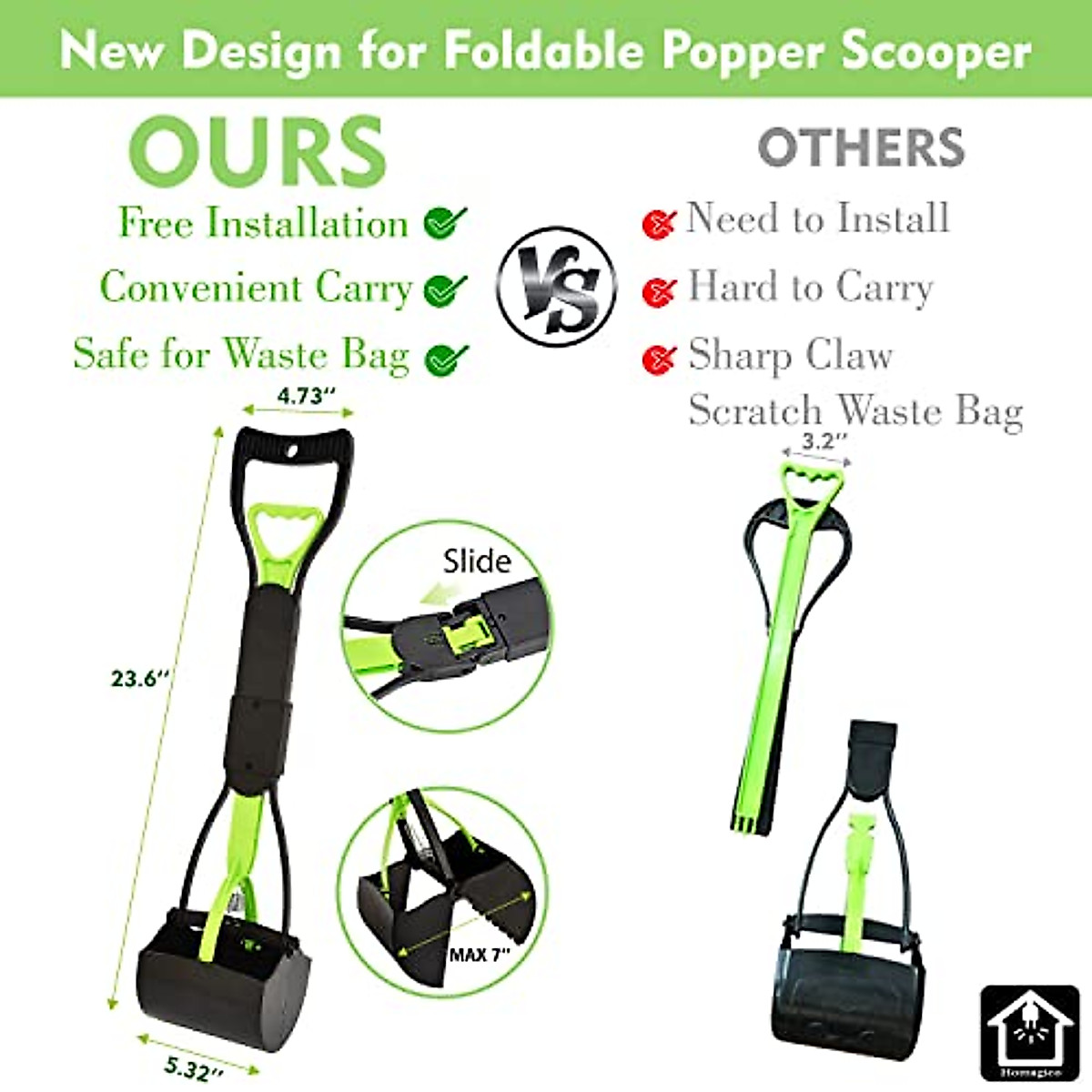 HOMAGICO Pooper Scooper, Portable Dog Pooper Scooper with Long Handle, Foldable Pooper Scooper for Large Medium Dogs with Bag Attachment, Easy to Use Perfect for Grass, Dirt, Gravel (Green)
