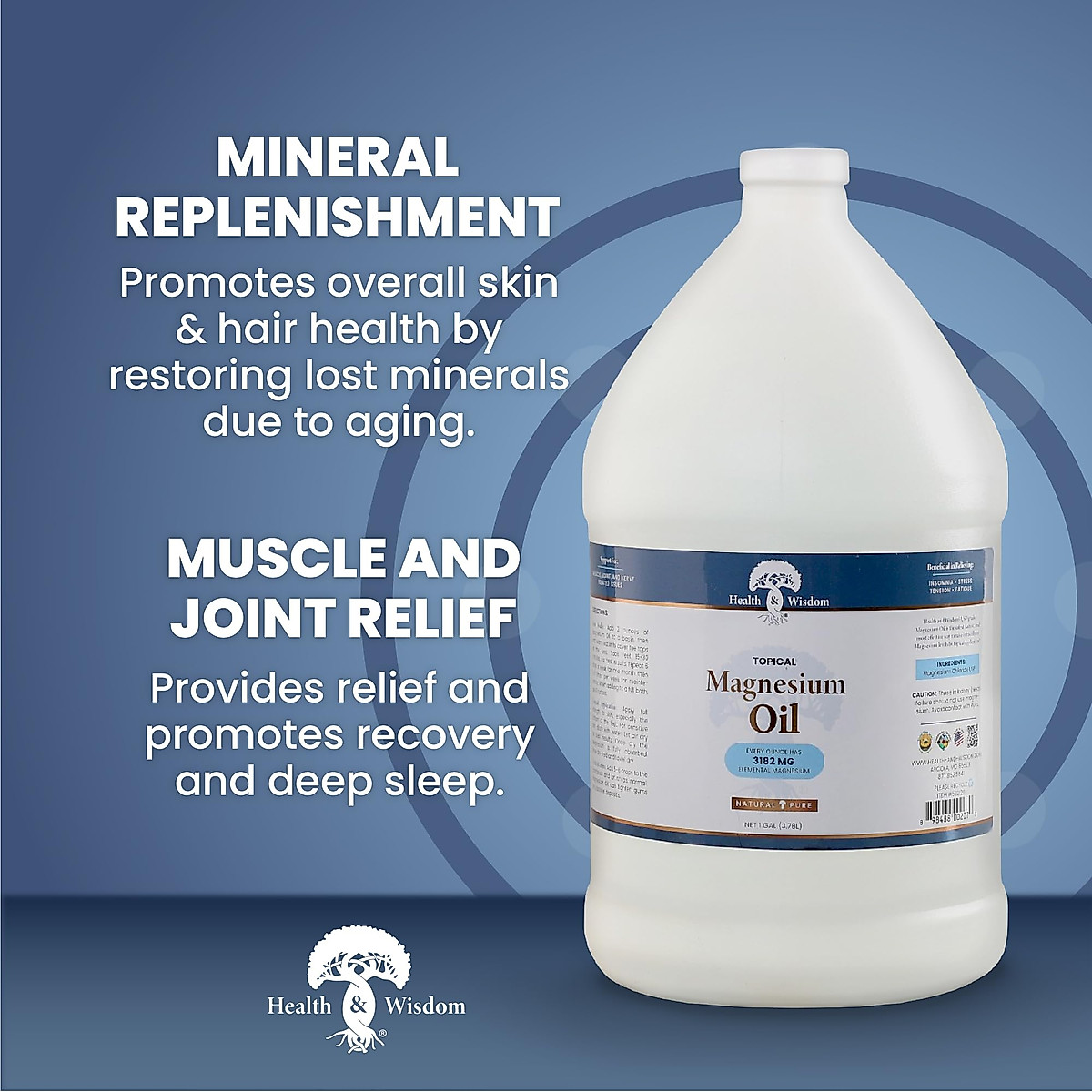 Health and Wisdom Topical Magnesium Oil - Pure Magnesium Oil, Magnesium Oil for Feet, Transdermal Magnesium Oil for Bath, Magnesium Massage Oil, Magnesium Chloride Oil, Magnesium Soak - 128 Fl Oz