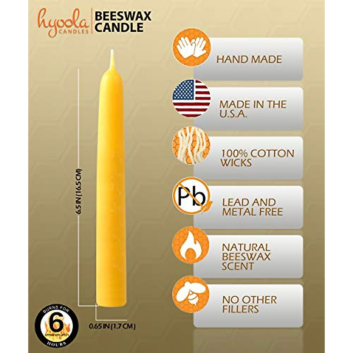 Hyoola Beeswax Taper Candles 12 Pack – Handmade, All Natural, 100% Pure Scented Bee Wax Candle - Tall, Decorative, Golden Yellow – 6 Hour Burn Time