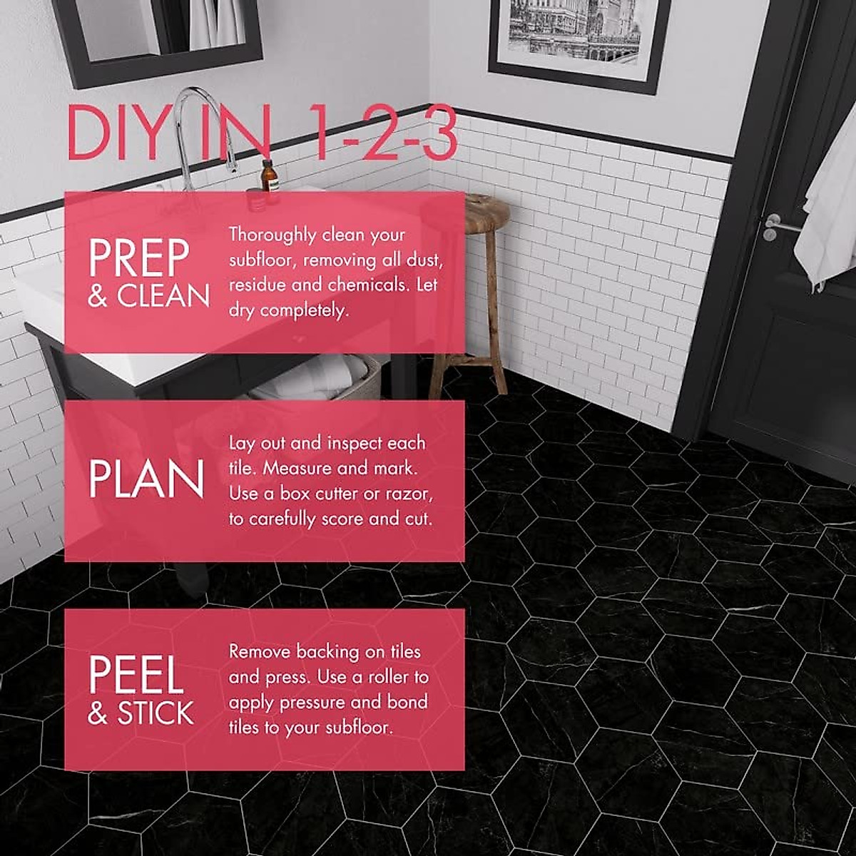 BaseCore HEX Hexagon Vinyl Flooring Black Marble 5.75" DIY Self Adhesive Textured Modern Floor Tile Peel & Stick Tile (36pcs/21.5sqft per case)