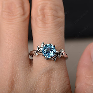 LUO Round Shaped 1.68 CT Swiss Blue Topaz Ring Branch Statement Ring 925 Sterling Silver December Birthstone Ring for Women US Size 10