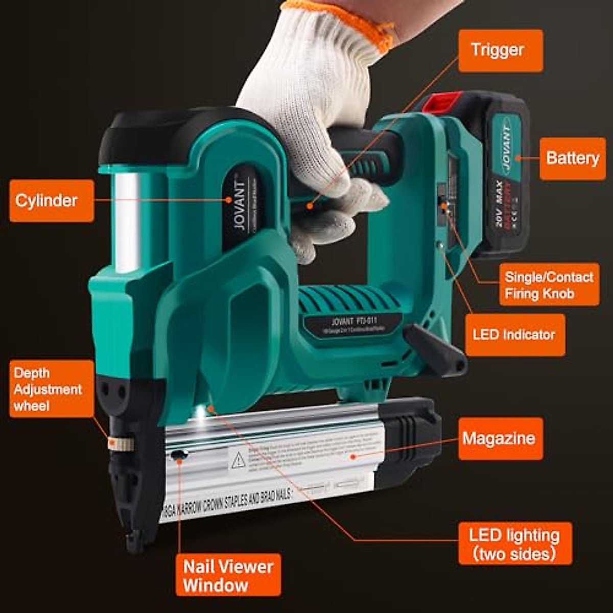 Cordless Brad Nailer w/2-Max Batteries & Charger, 2" Length Nails -18GA 1/4" Narrow Crown Staples, Nail Gun Battery Powered, Staple Gun with 2240pcs Staples & Nails(Jovant)
