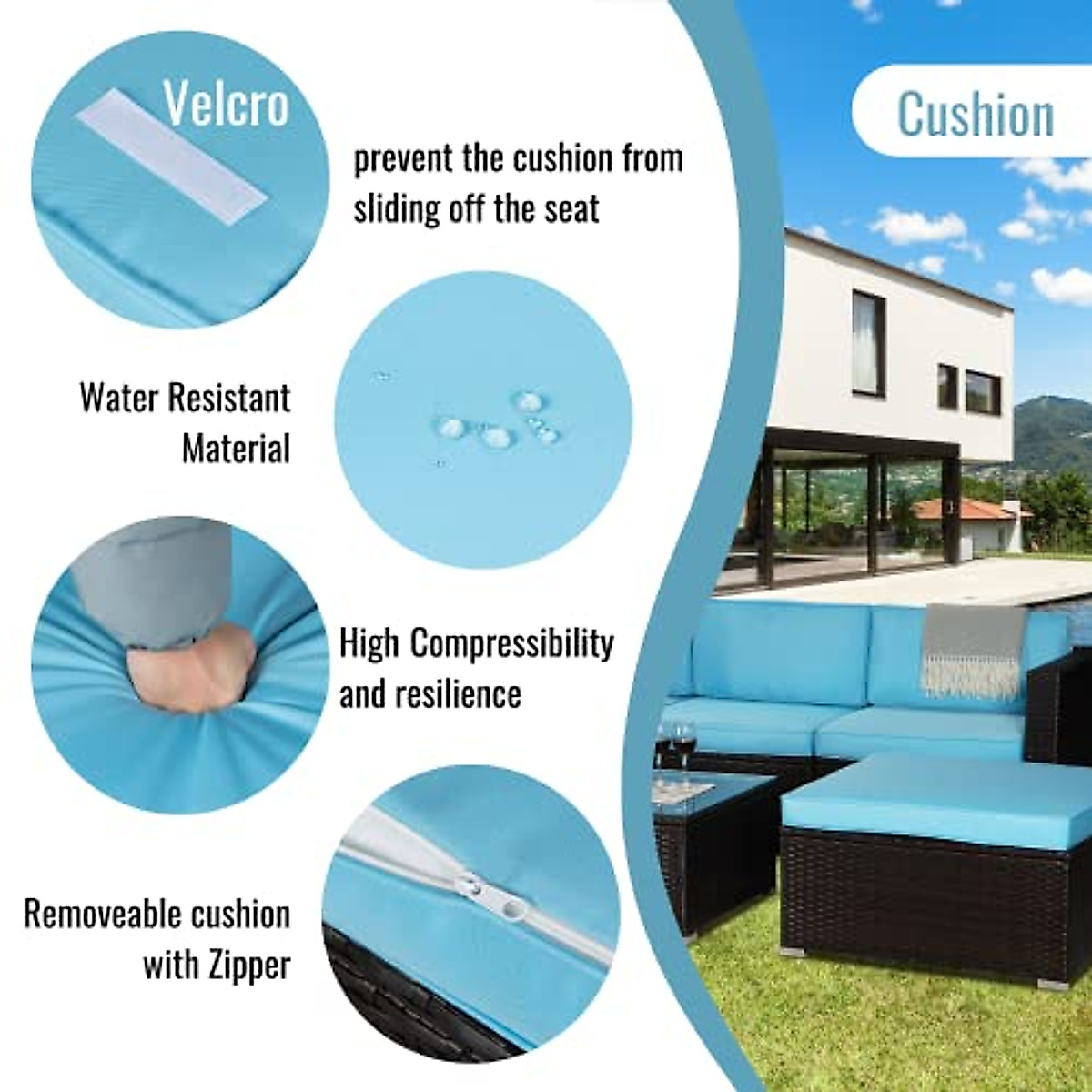 HomSof 6-Piece PE Rattan Wicker Sectional Cushioned Sofa Sets with 1 Red Pillow, Blue + Brown