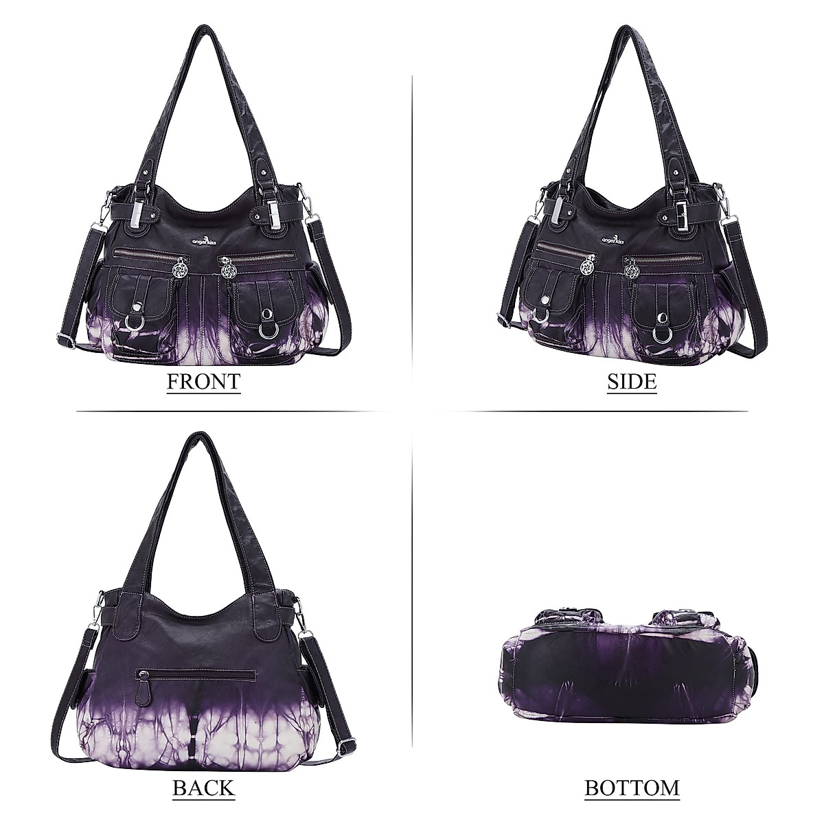 Angelkiss Women's Designer Handbag Large Double Zipper Multi Pocket Washed, Purple-z