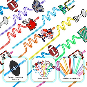 24Pcs Football Straws and 2Pcs Cleaning Brushes, Reusable Plastic Rugby Straws, Football Party Supplies Favors，Birthday Party Decorations。