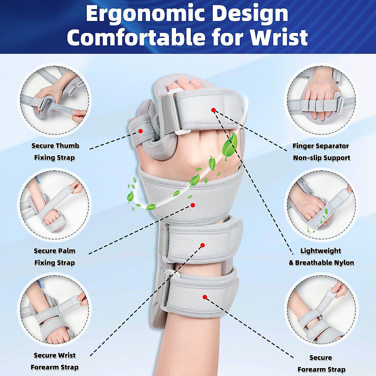 Fanwer Stroke Resting Hand Splint - Night Immobilizer Wrist Finger Brace for Flexion Contractures, Functional 5 Finger Stabilizer Wrap - for Muscle Atrophy Rehab, Arthritis, Carpal Tunnel Pain(Grey)