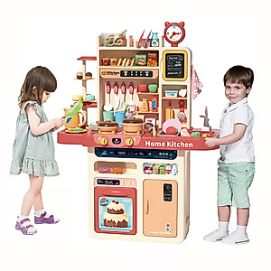 Play Kitchen- Kitchen Playset Pretend Food - Toy Accessories Set w/Real Sounds & Light, Play Sink, Cooking Stove with Steam, 88 PCS forToddlers Kids 37 inch
