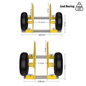 Moving Adjustable Dolly, 2 × 10" Heavy Duty Solid Rubber Tires Wheels 1000LBS Load Capacity for Panel/Slab/Plywood/Door/Granite/Drywall Material Handling and More - Yellow